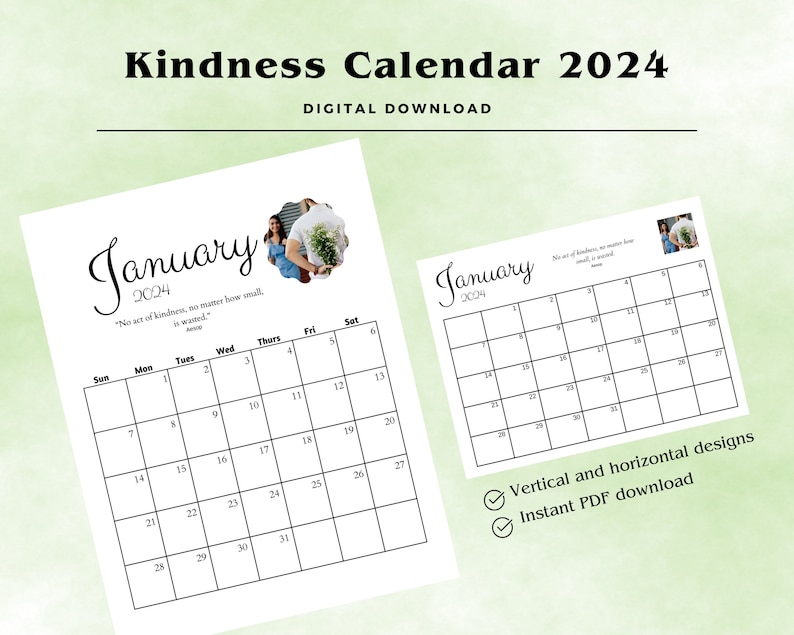 2024 Printable Calendar, Kindness Theme, Vertical and Horizontal ...