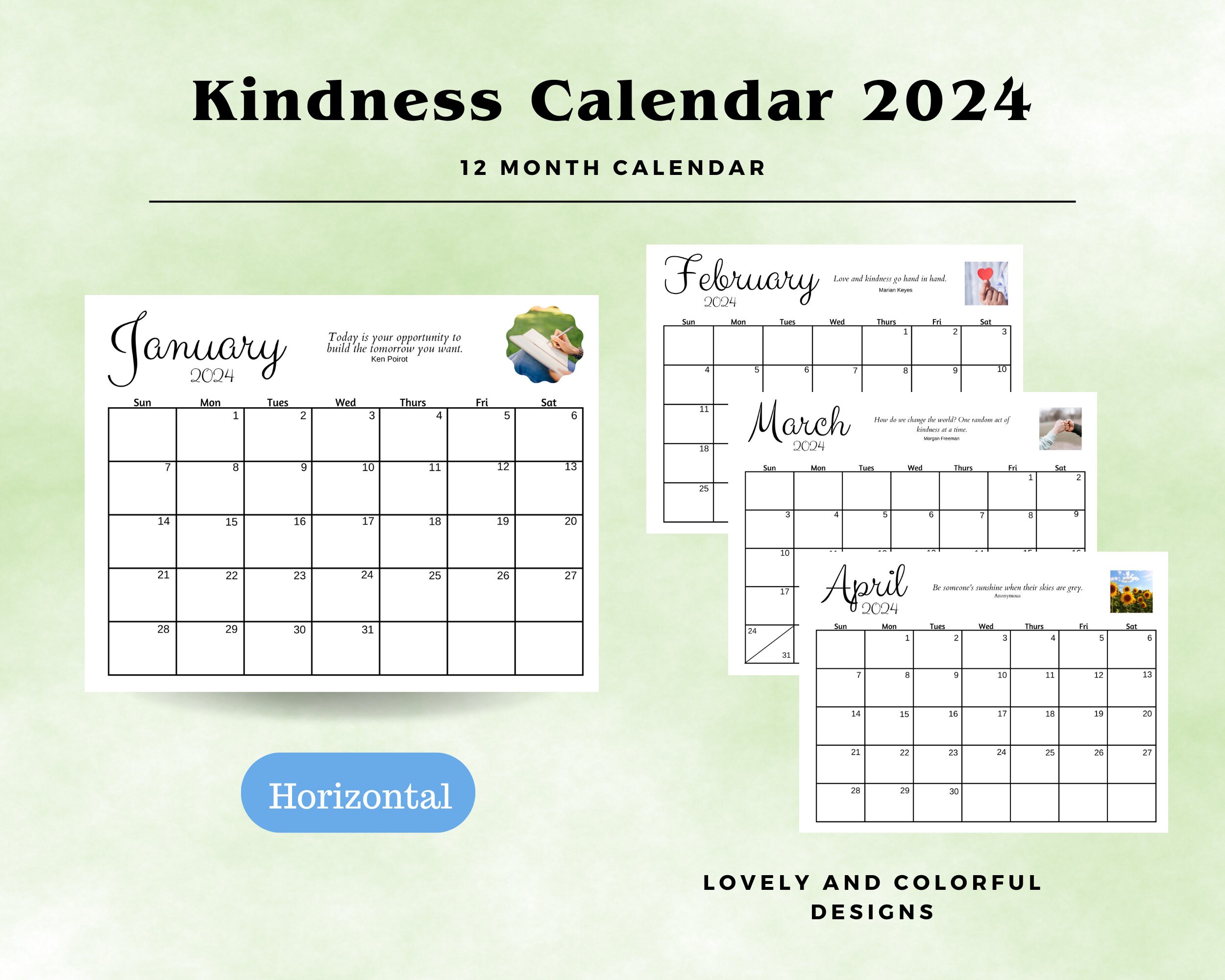 2024 Printable Calendar, Kindness Theme, Vertical and Horizontal ...