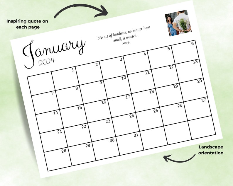 2024 Printable Calendar, Kindness Theme, Landscape Orientation ...