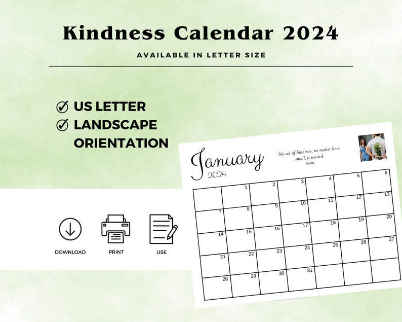 2024 Printable Calendar, Kindness Theme, Landscape Orientation ...