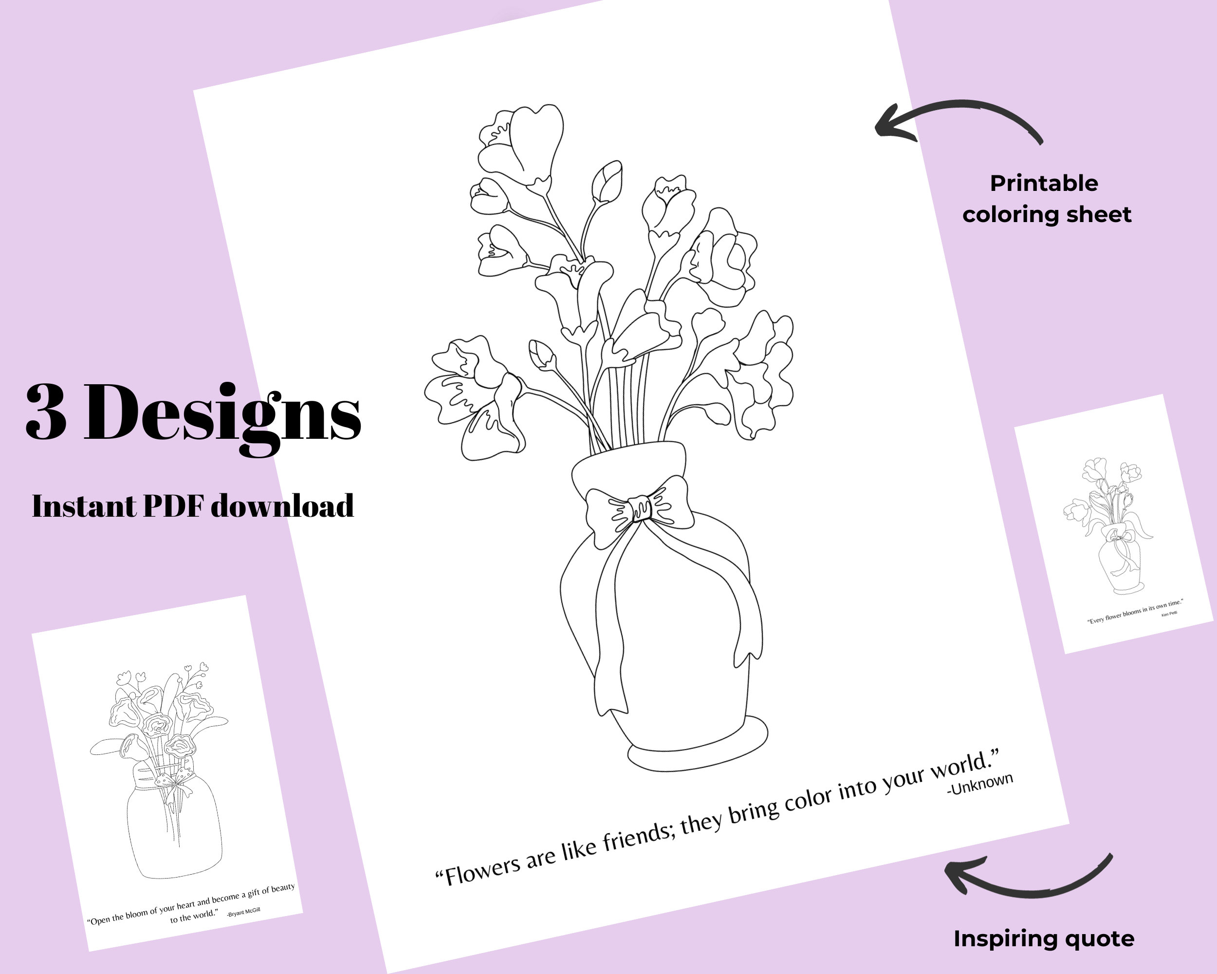 Flower Coloring Pages (3 Designs) - Etsy