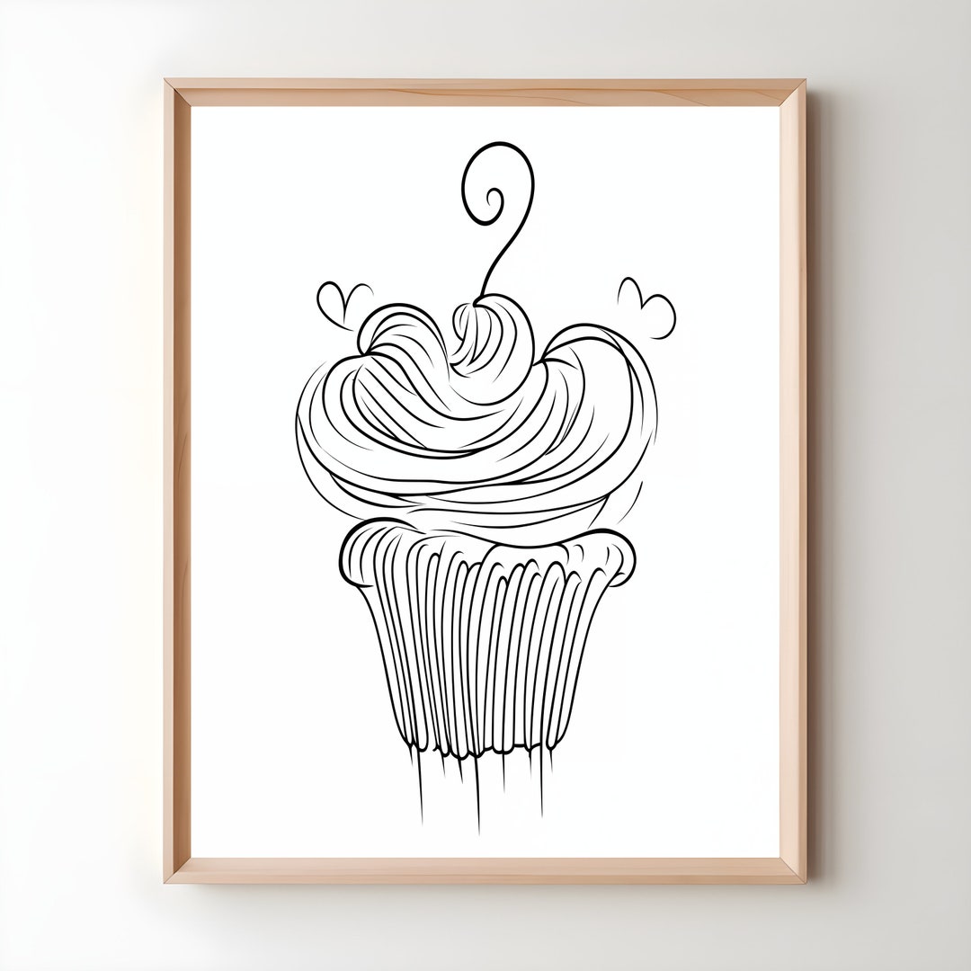 Cupcake Line Art, Line Art Print, Cupcake Line Drawing, Gift for Her, Cupcake Wall Art, Cake Art ...