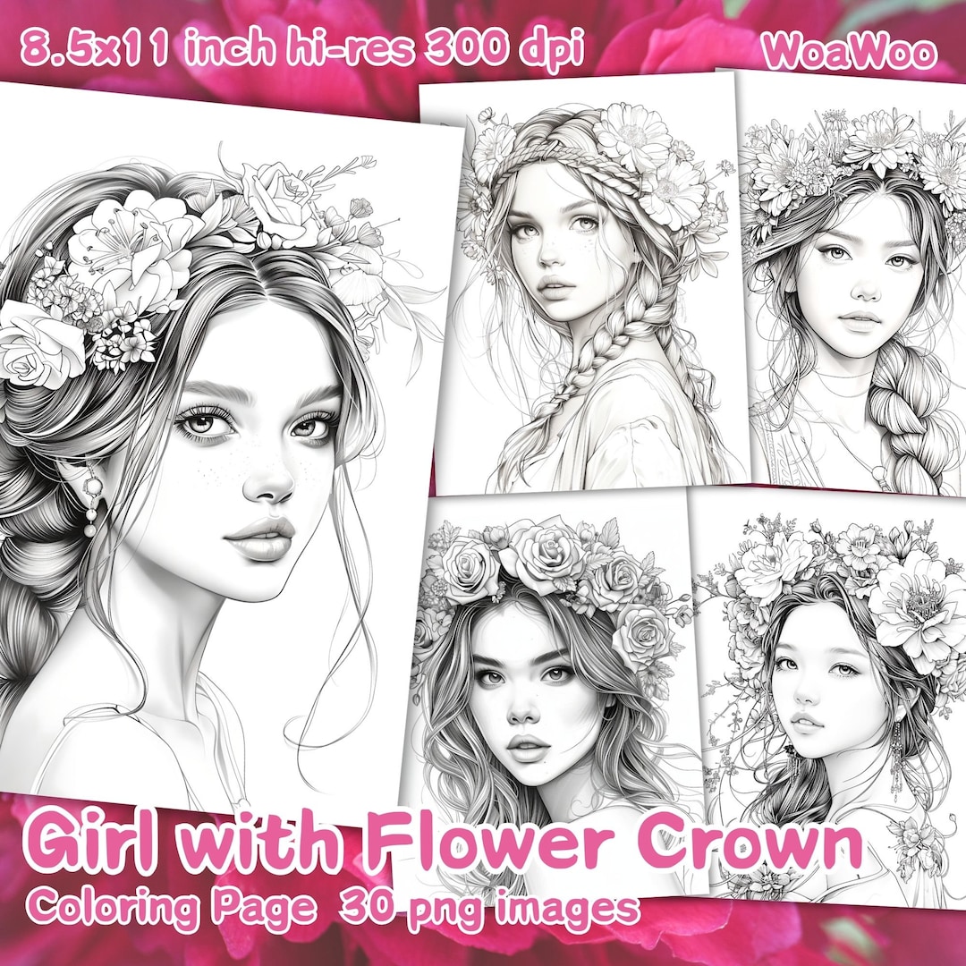 Girl With Flower Crown Coloring Page Beauty Woman Face and Hair ...