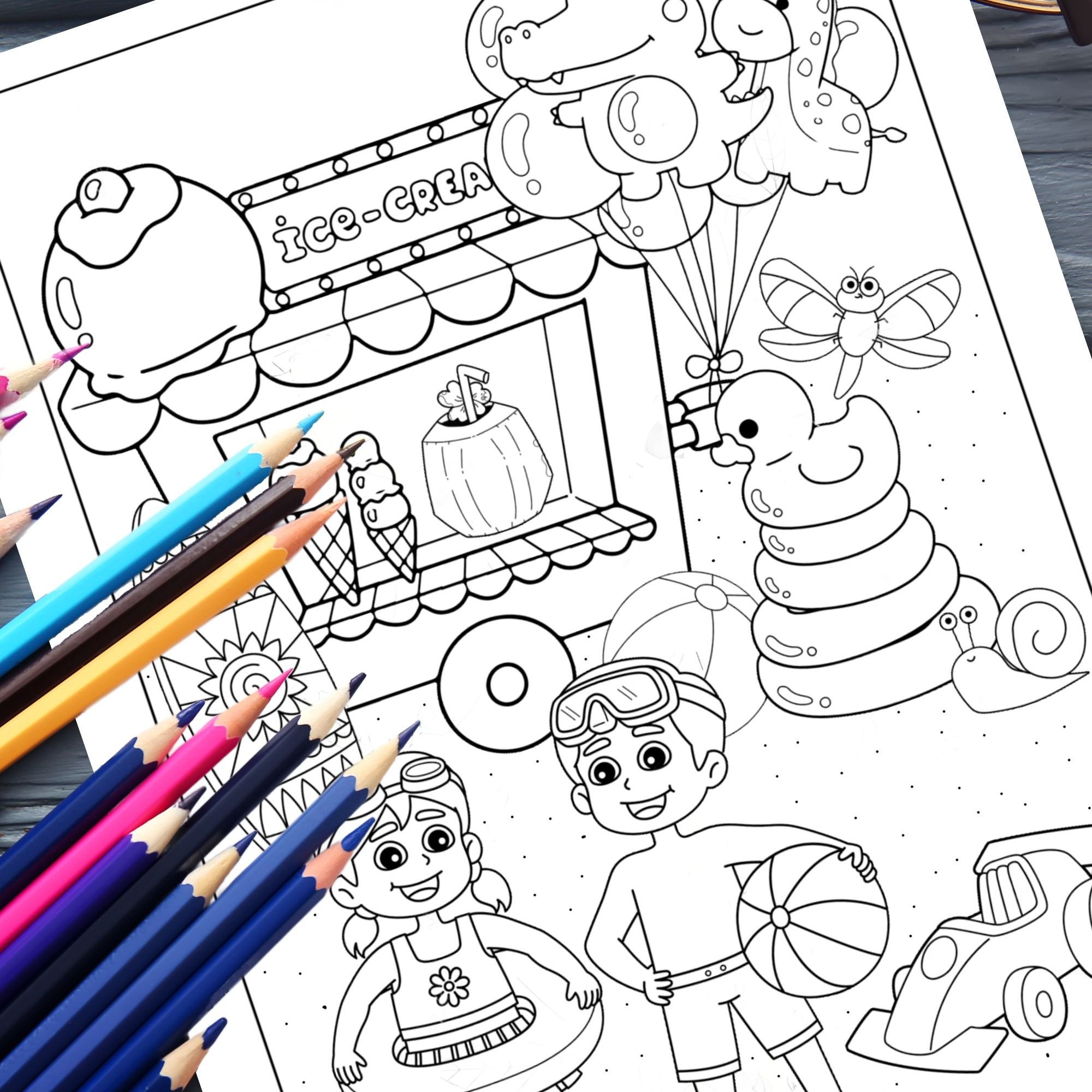 Beach Coloring Page Cartoon Sea Kid Book Pirate Painting Boy and Girl ...