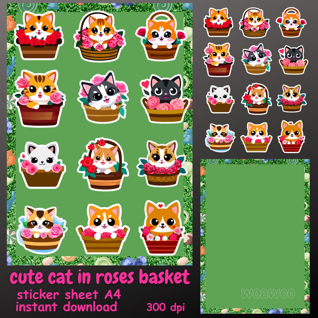 Cute Cat in Roses Basket , Sticker Sheet , Instant Download , Valentine ...
