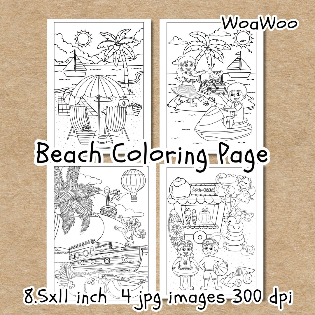 Beach Coloring Page Cartoon Sea Kid Book Pirate Painting Boy and Girl ...