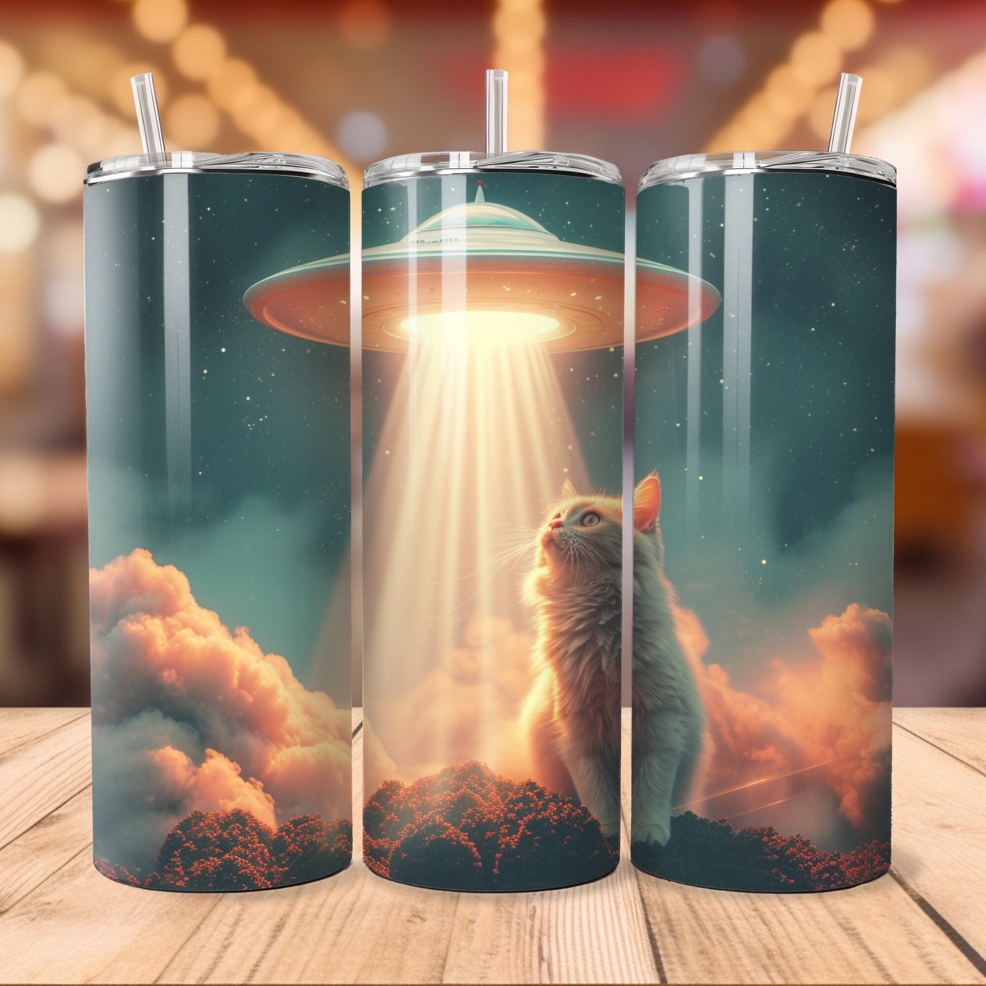 Cat and UFO Tumbler Wrap 20 OZ Skinny Seamless , UFO 3D Tumbler Wrap ...