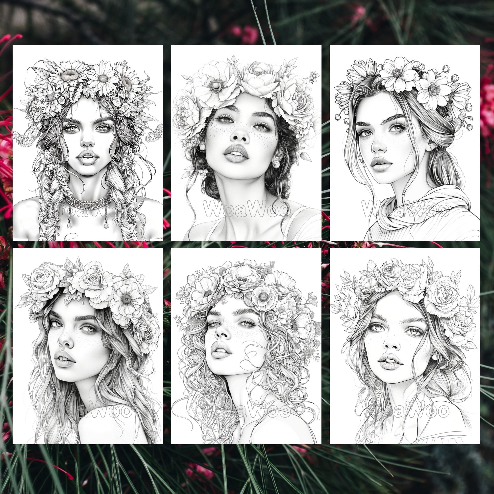 Girl With Flower Crown Coloring Page Beauty Woman Face and Hair ...