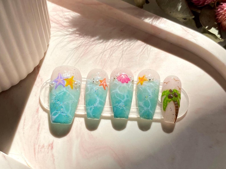 Tropical Beach Vacation Press on Nails, Sandy and Sea Shells Design ...