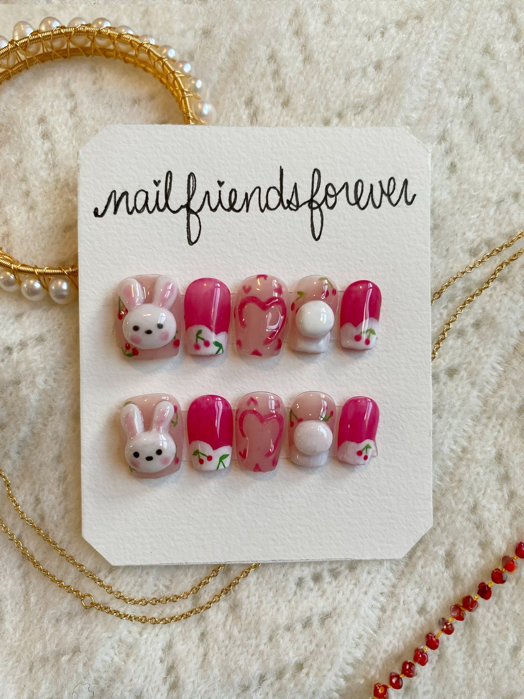 Kawaii Cherry 3D Bunny Press on Nails Premium Press Ons Reusable Custom ...