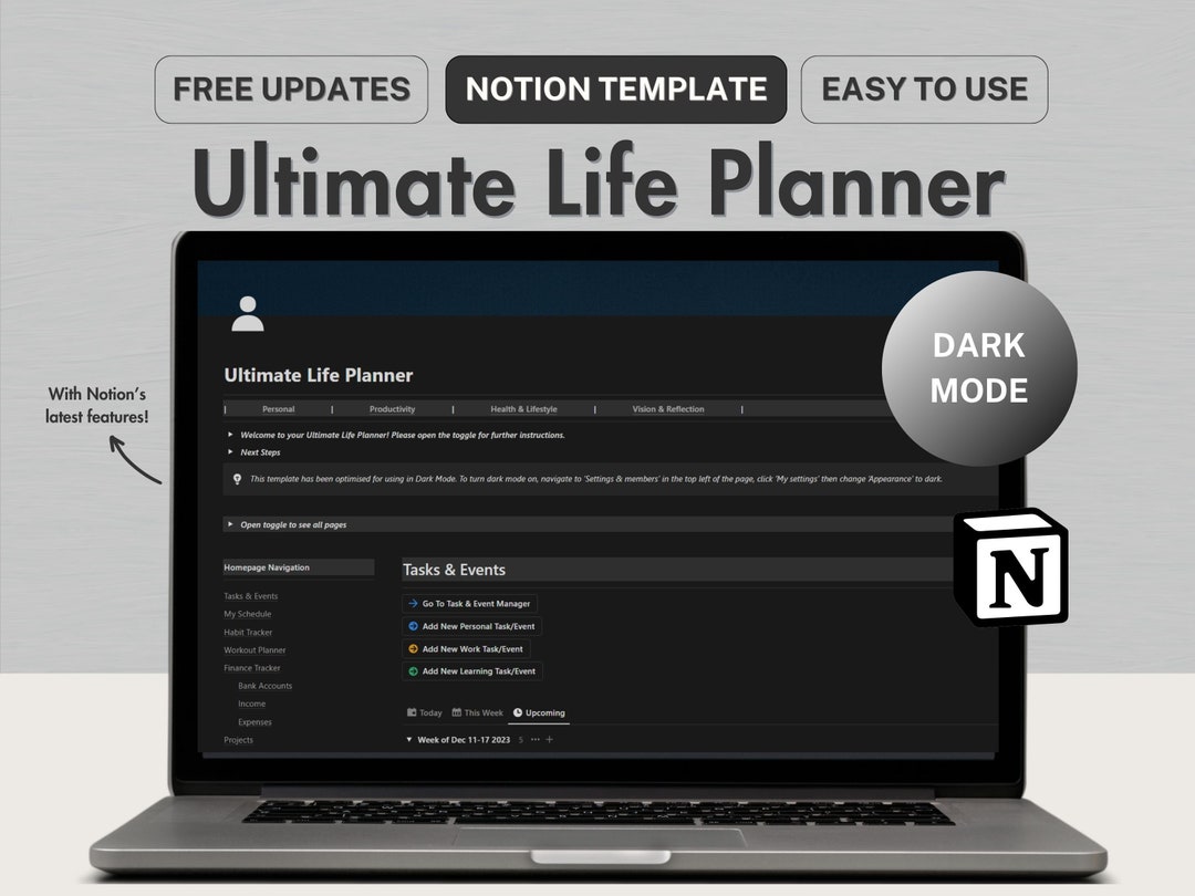 Notion Template Ultimate Life Planner All in One Notion Planner, Dark Mode Notion Dashboard ...
