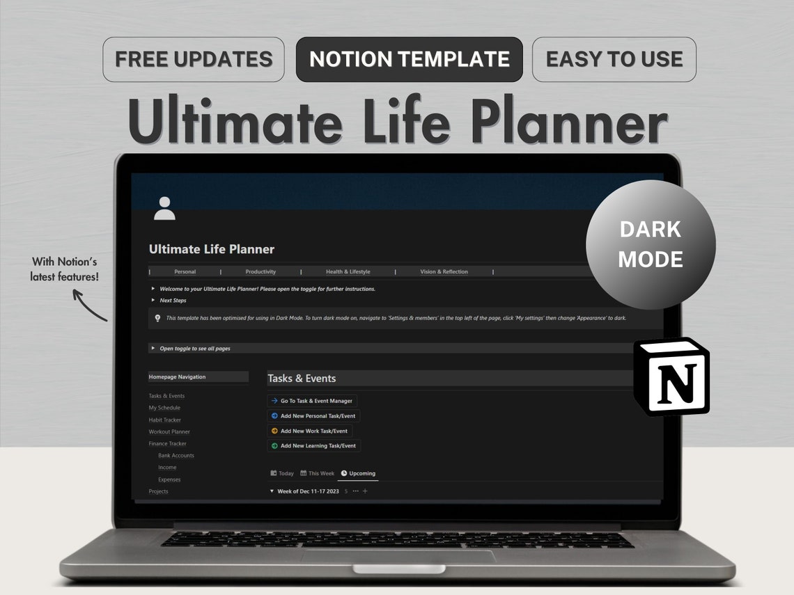 Notion Template Ultimate Life Planner All in One Notion Planner, Dark ...