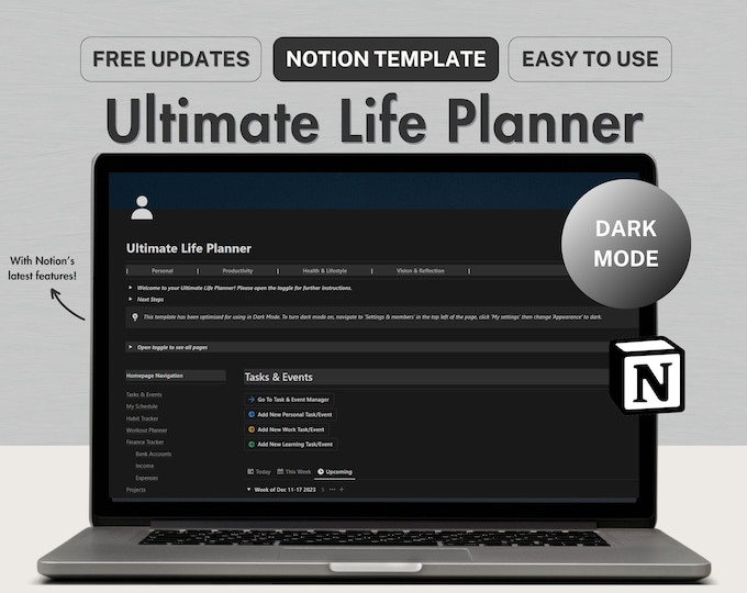 Notion Template Life Planner, All In One Notion Dark Mode, Notion Planner, Notion Dashboard ...
