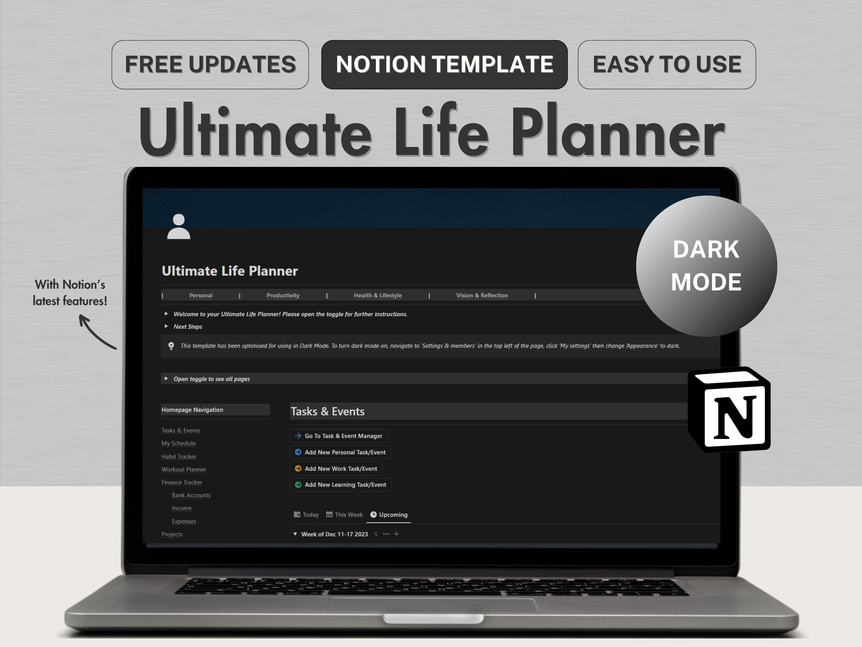 Notion Template Ultimate Life Planner All in One Notion Planner, Dark ...