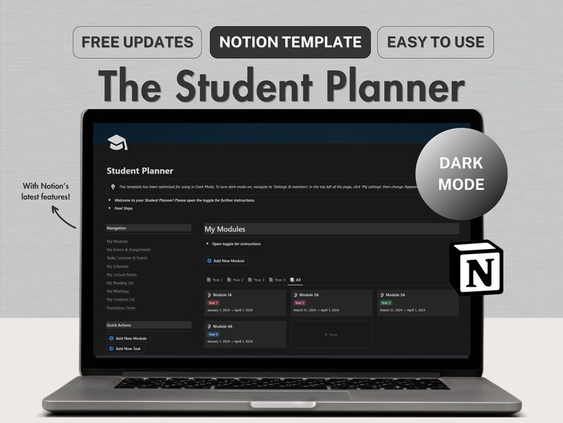 Notion Template Student Planner, Dark Mode Notion Academic Planner ...