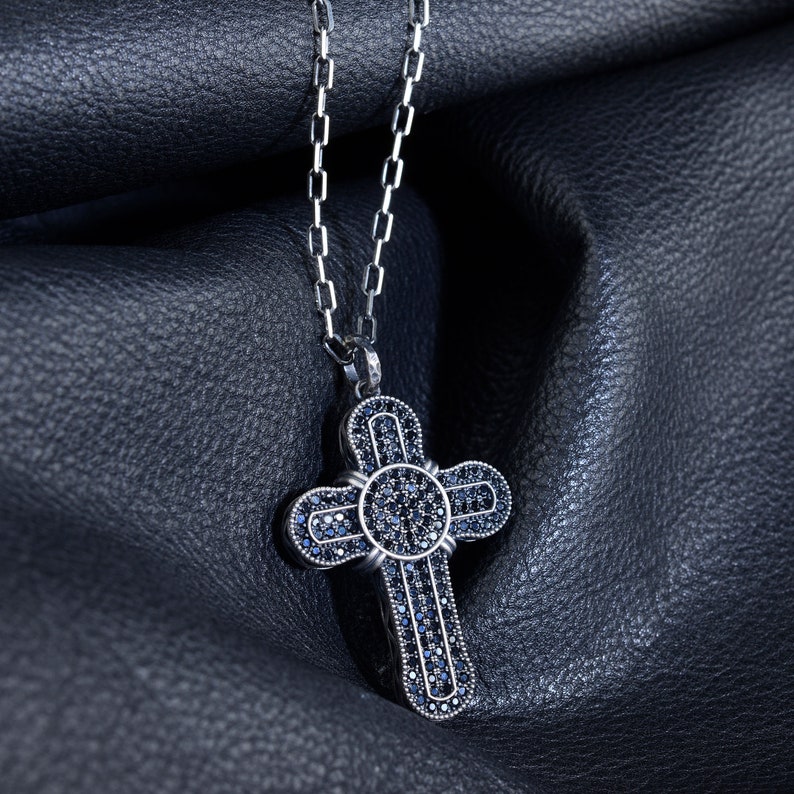 Sterling Silver Mens Cross Necklace With Black Zircon Stones ,catholic ...