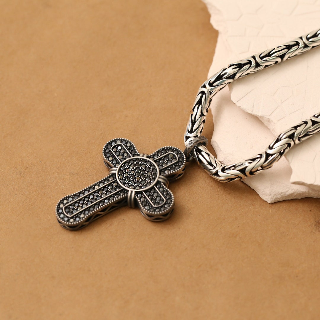 Sterling Silver Mens Cross Necklace With Black Zircon Stones ,catholic ...