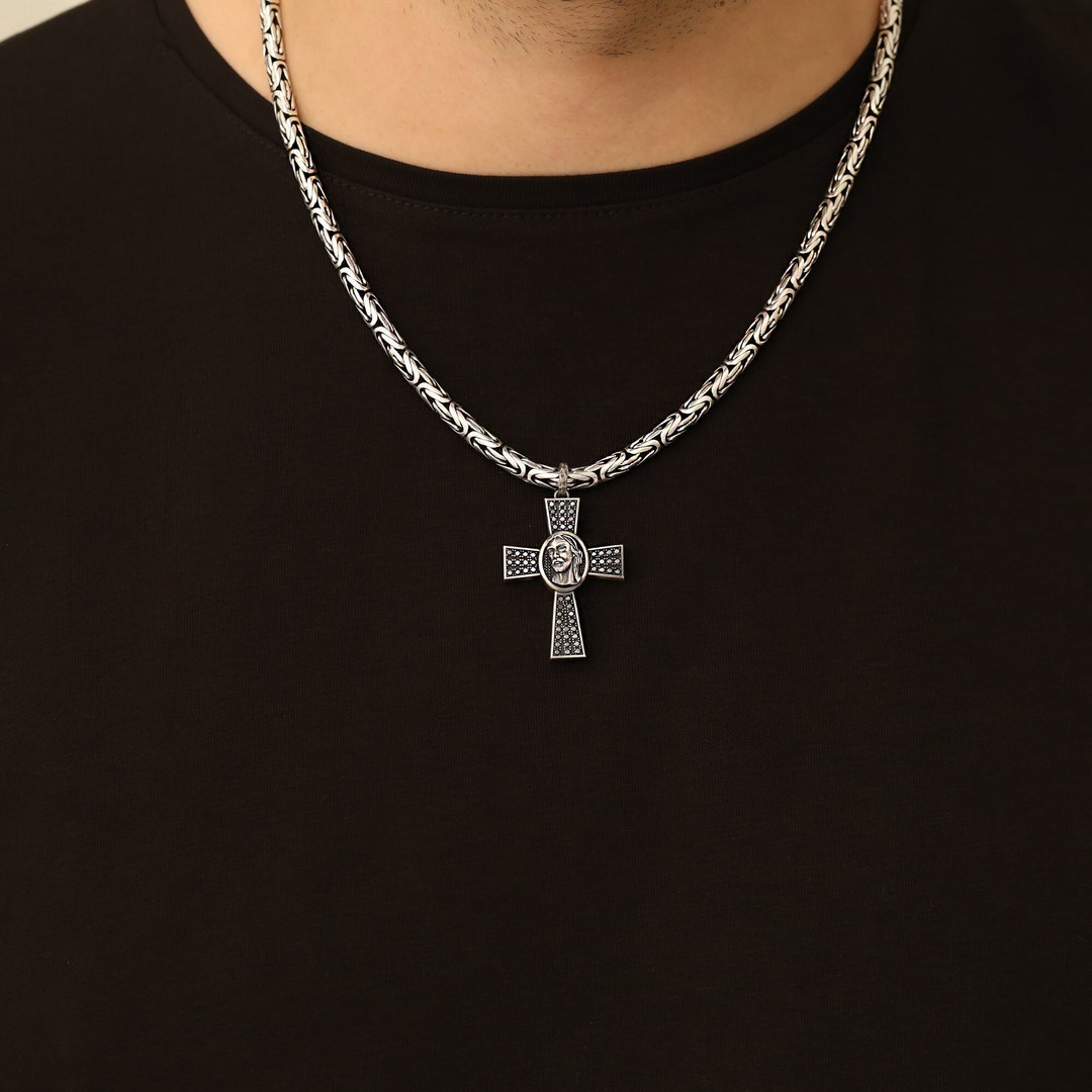 Jesus Crucifix Necklace Men Cross Necklace With Black Zircon Stones Cross Pendant Necklace For