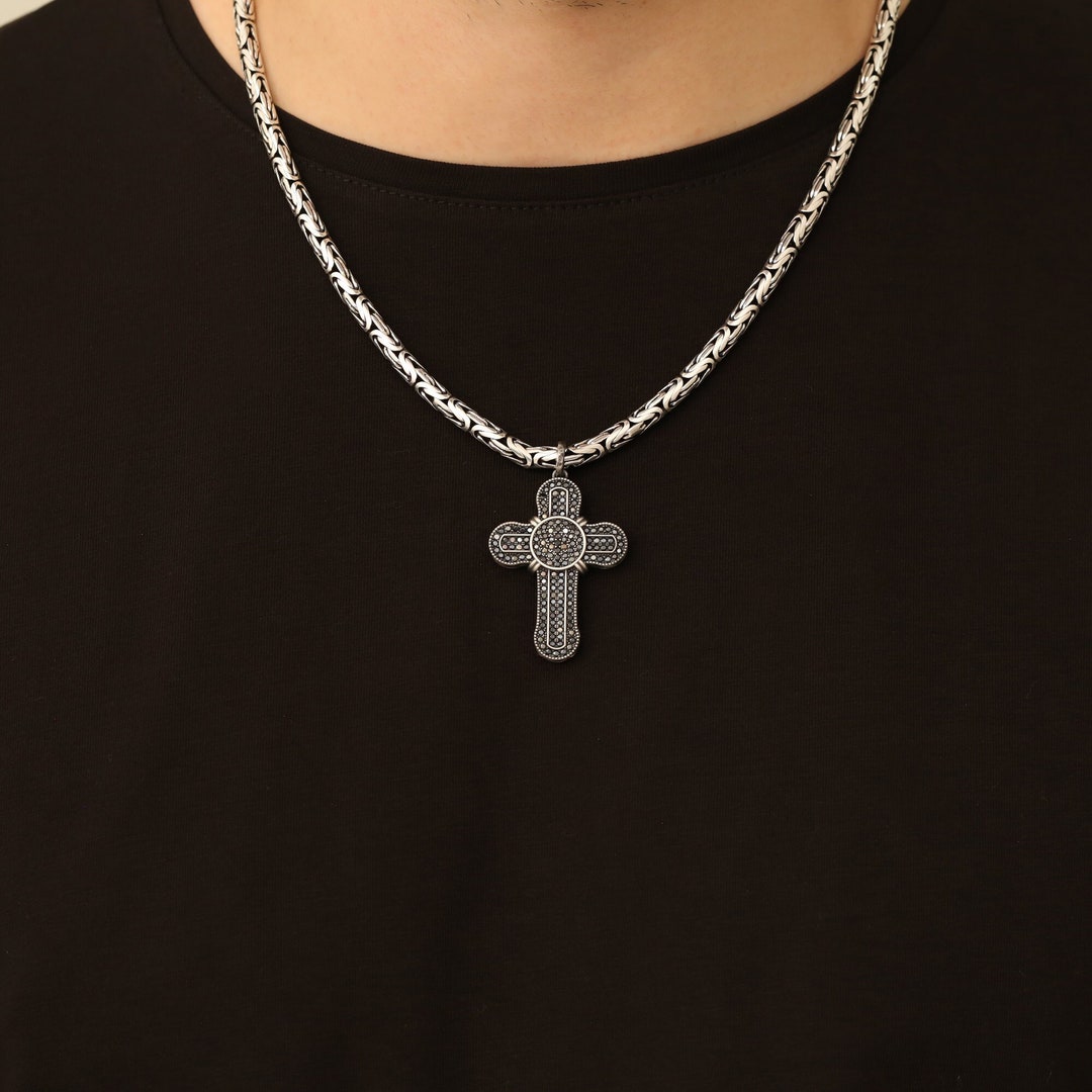 Sterling Silver Mens Cross Necklace With Black Zircon Stones ,catholic ...