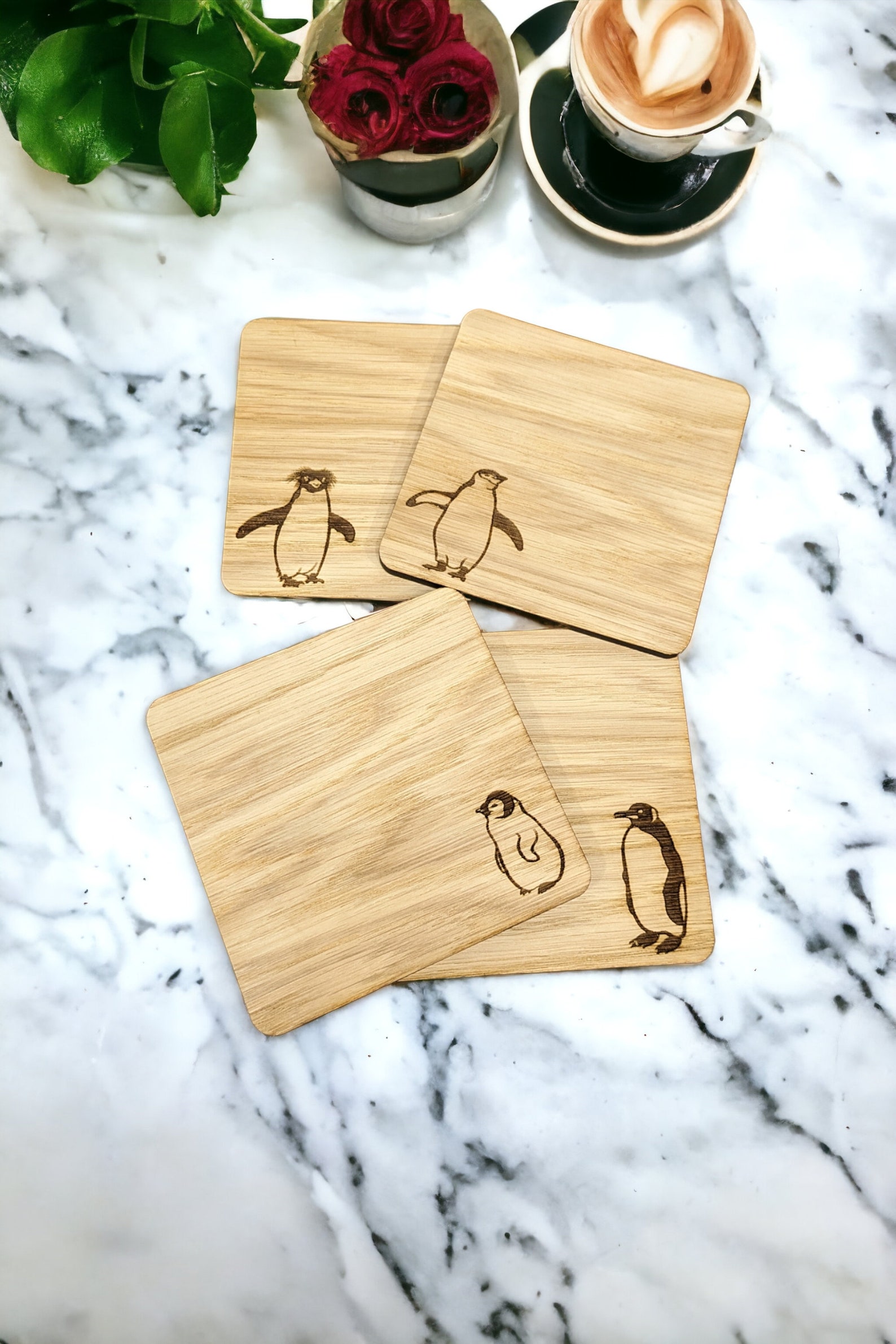 Wooden Penguin Coaster Set Coffee Table Drinks Coaster Oak Wine Coaster ...