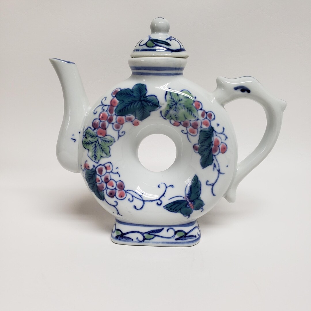 Donut Teapot With Lid Floral Design With Butterfly and Grapes - Etsy