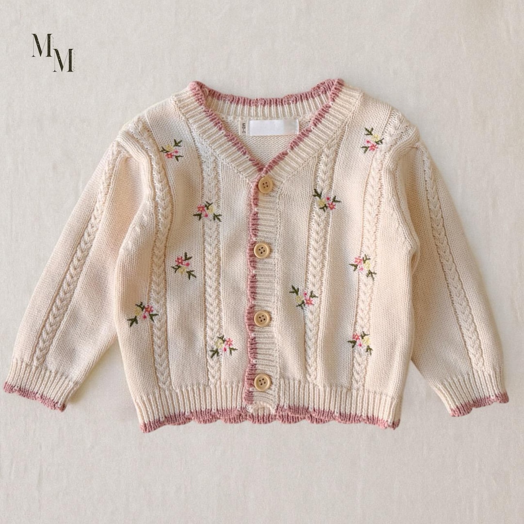 Baby Cotton Cardigan Floral Embroidery Wooden Button Cream Sweater ...