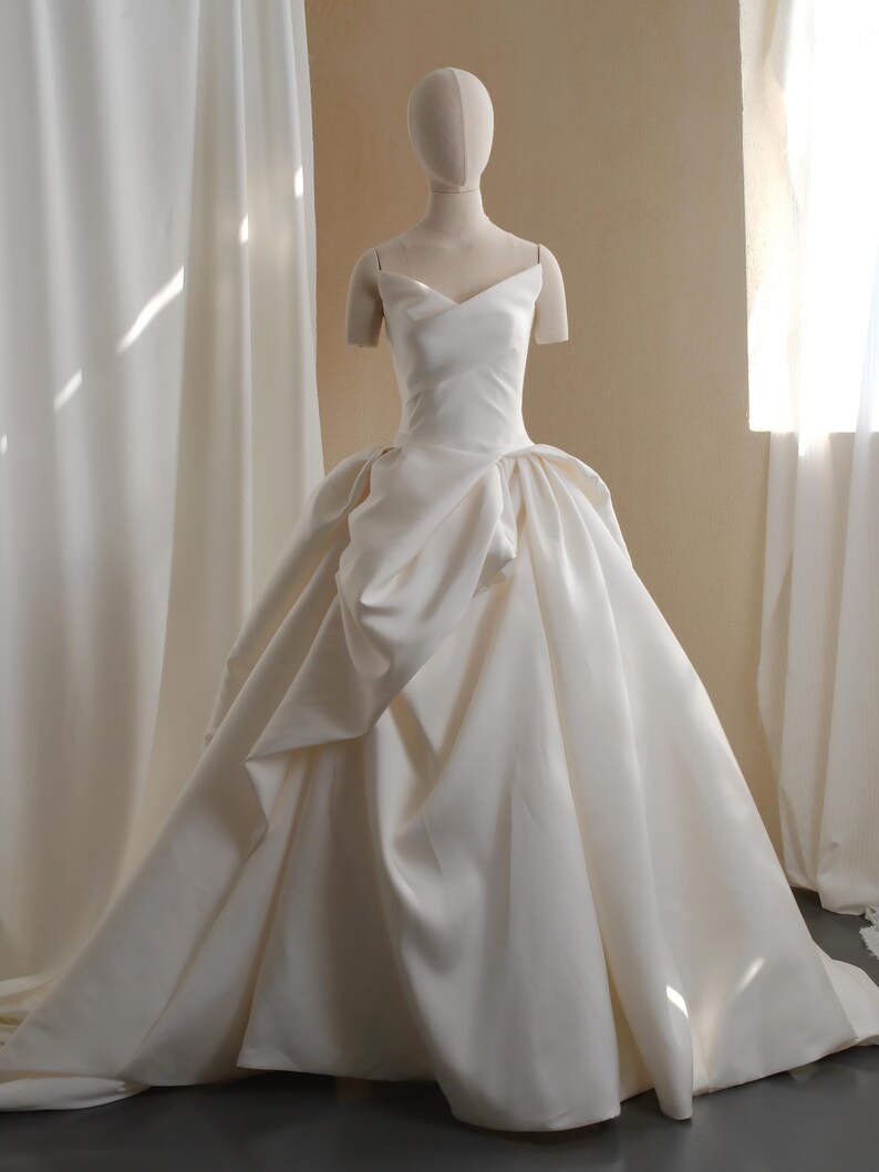 Ivory Silk Mikado Asymmetric Draped Wedding Gown Ball Chapel Train A Ivory Silk Mikado Asymmetric Draped Wedding Gown Ball Chapel Train A