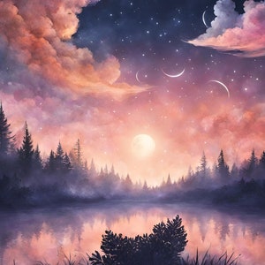 6 Night Sky Woodland Forest Moon Nature Digital Artwork Bundle, Sky Art ...