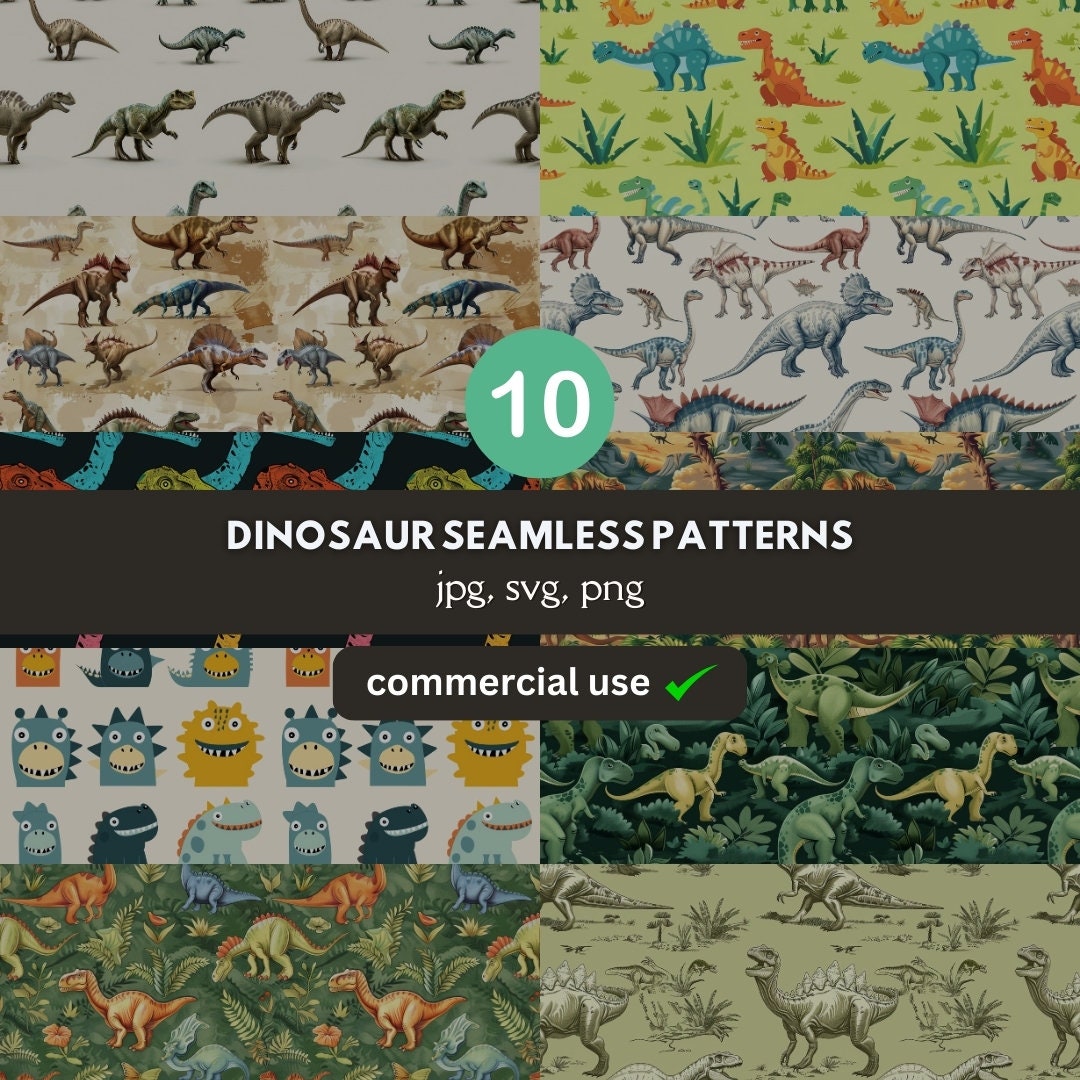 10 Seamless Dinosaur Patterns, High Quality, Print on Demand, JPG PNG ...