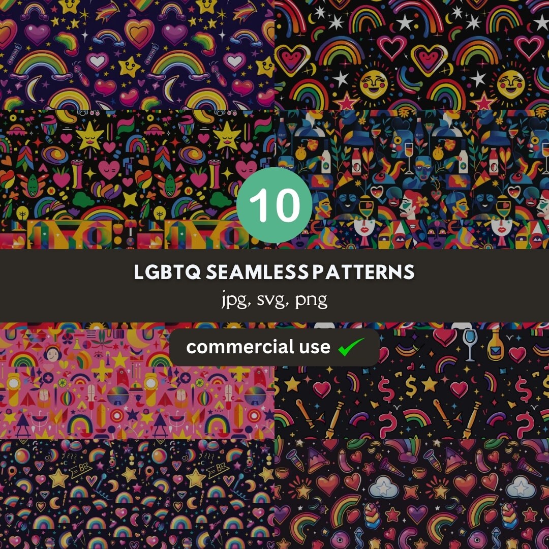 10 Seamless LGBTQ Patterns, High Quality, Print on Demand, Jpg Png Svg ...