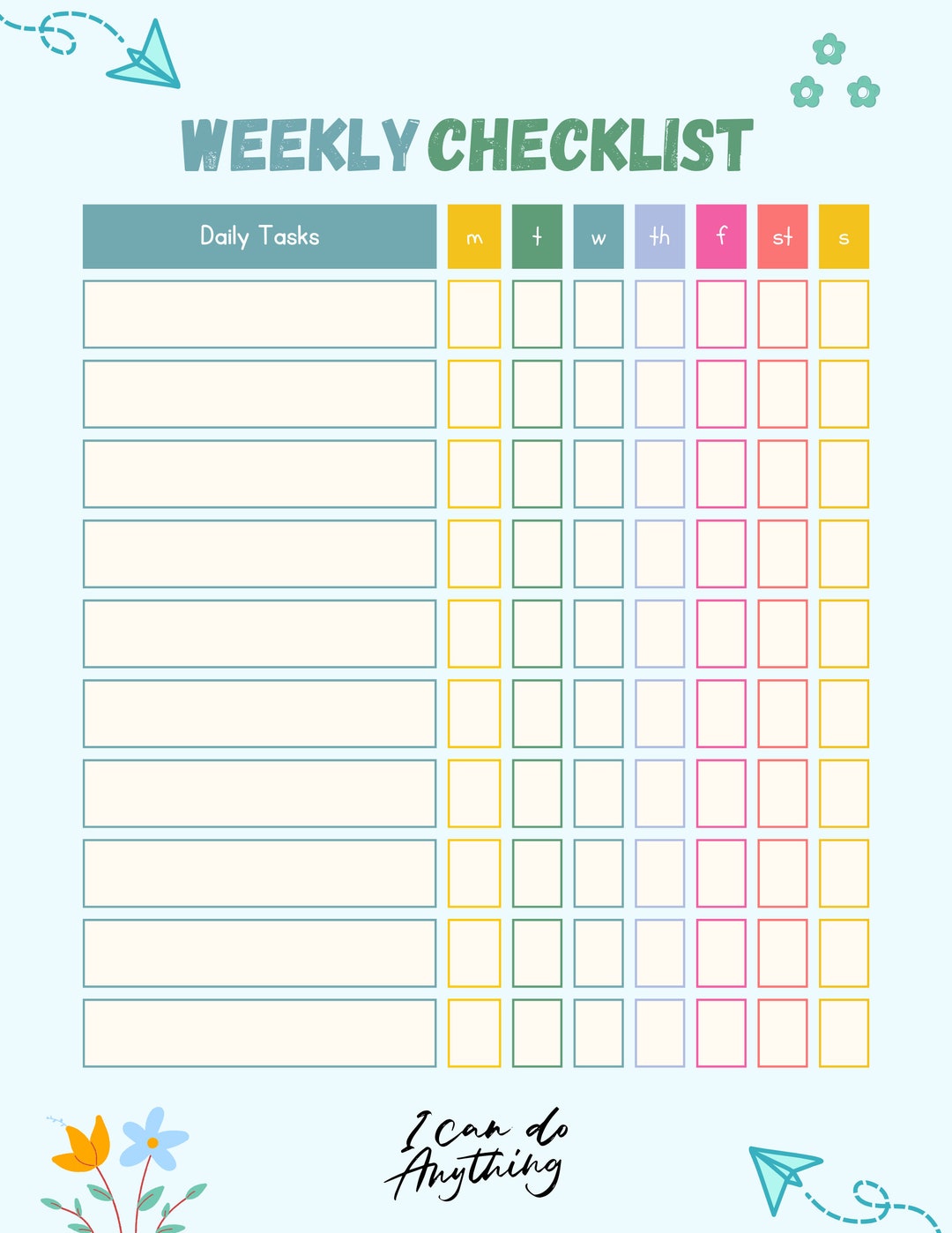 Printable Digital Weekly Checklist With Daily Tasks Stay Organized and ...