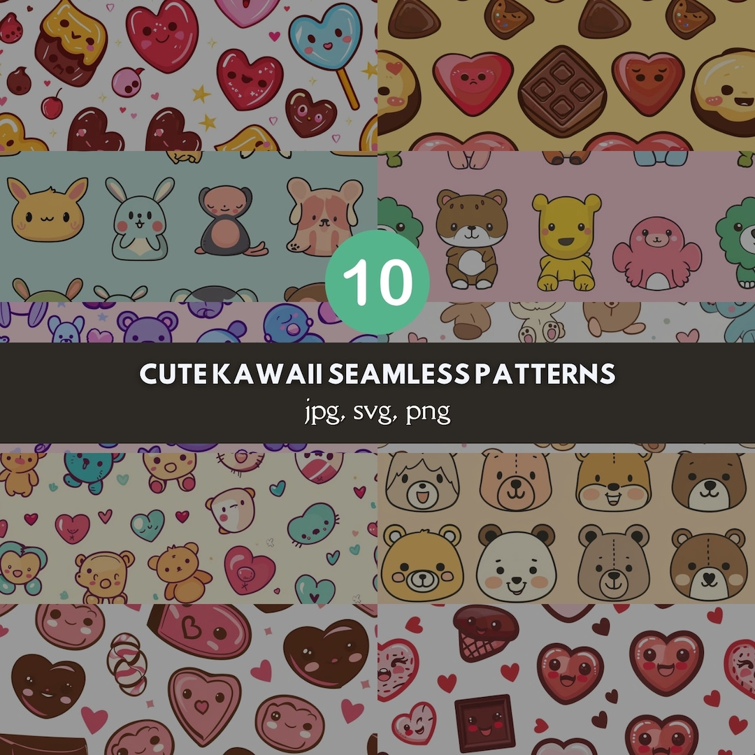 10 Seamless Cute Kawaii Patterns, High Quality, Minimal Designs, JPG ...