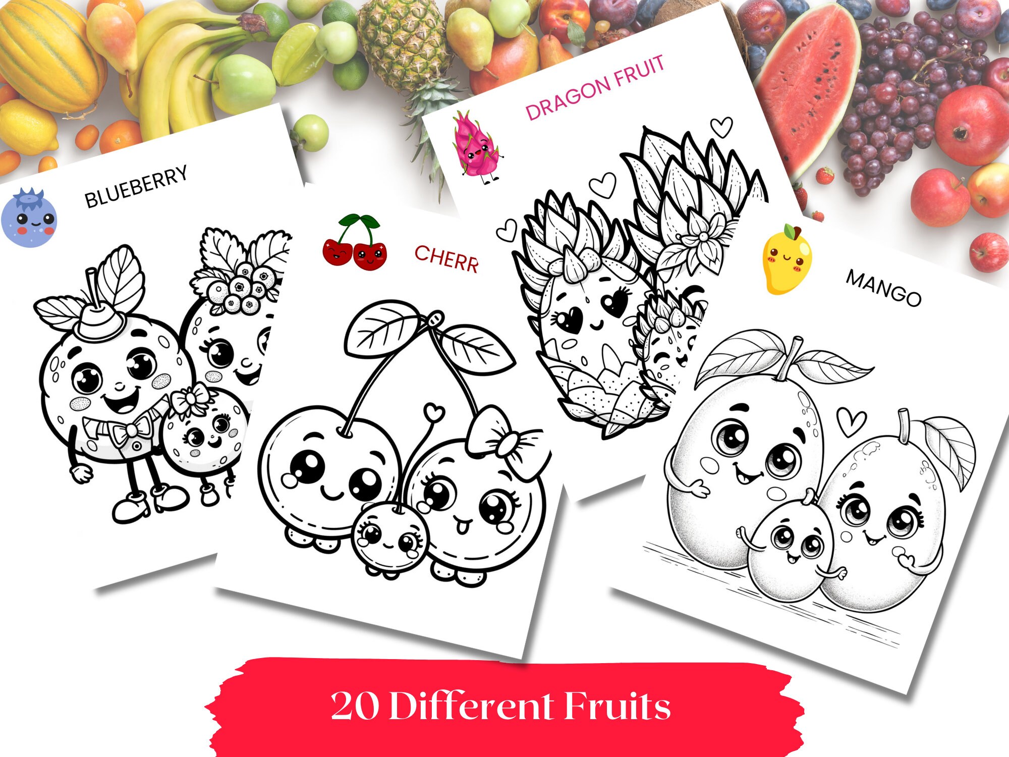 Kawaii Cute Coloring Fruits and Veggies Pages for Kids and Adults ...
