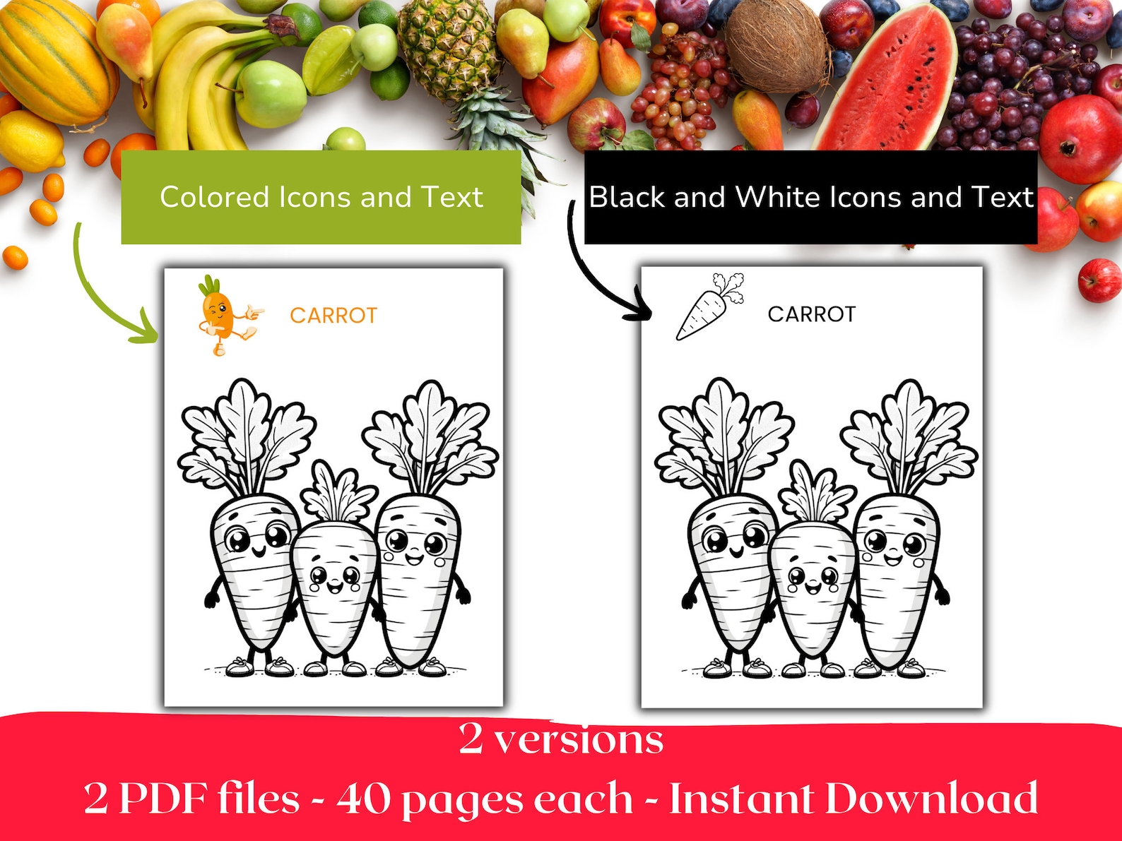 Kawaii Cute Coloring Fruits and Veggies Pages for Kids and Adults ...