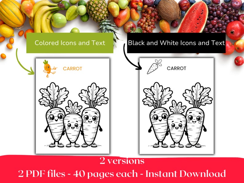 Kawaii Cute Coloring Fruits and Veggies Pages for Kids and Adults ...