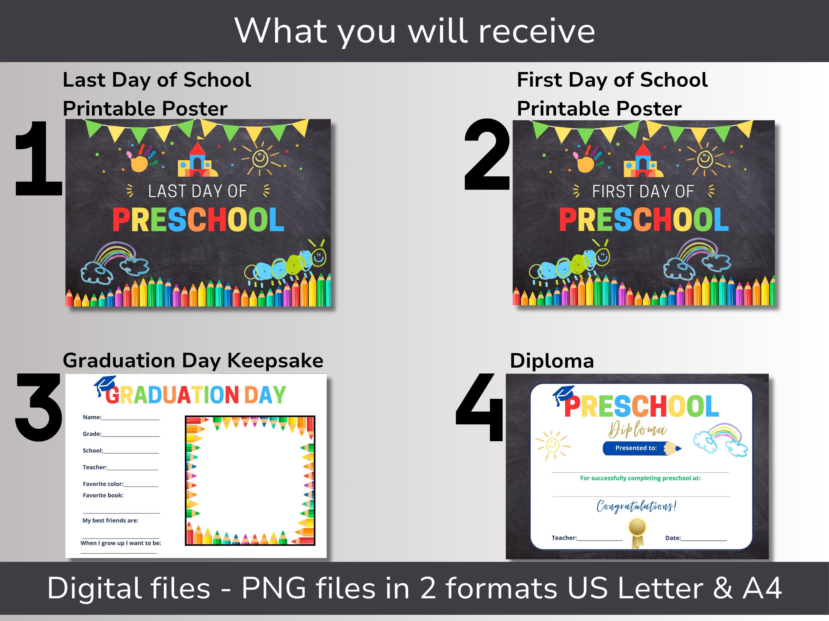 Preschool Graduation Bundle: Diploma, First & Last Day Signs (digital ...