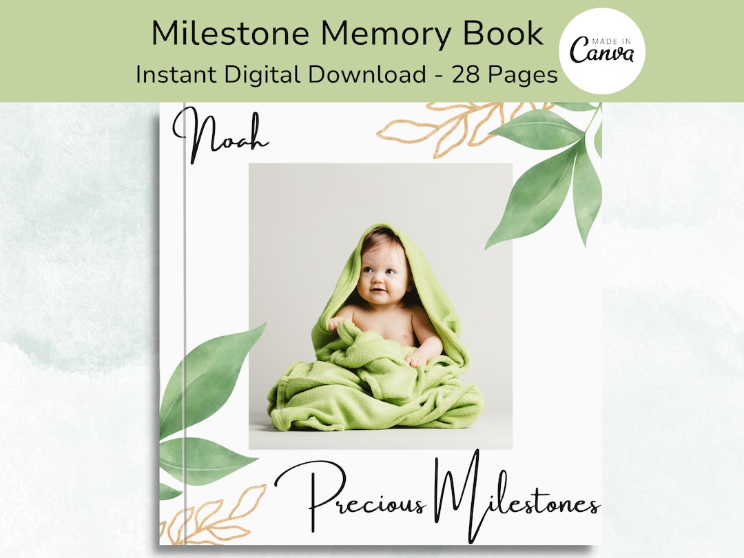 Baby Milestone Memory Book Template: Pastel Green & Gold (digital ...