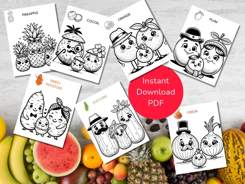 Kawaii Cute Coloring Fruits and Veggies Pages for Kids and Adults ...