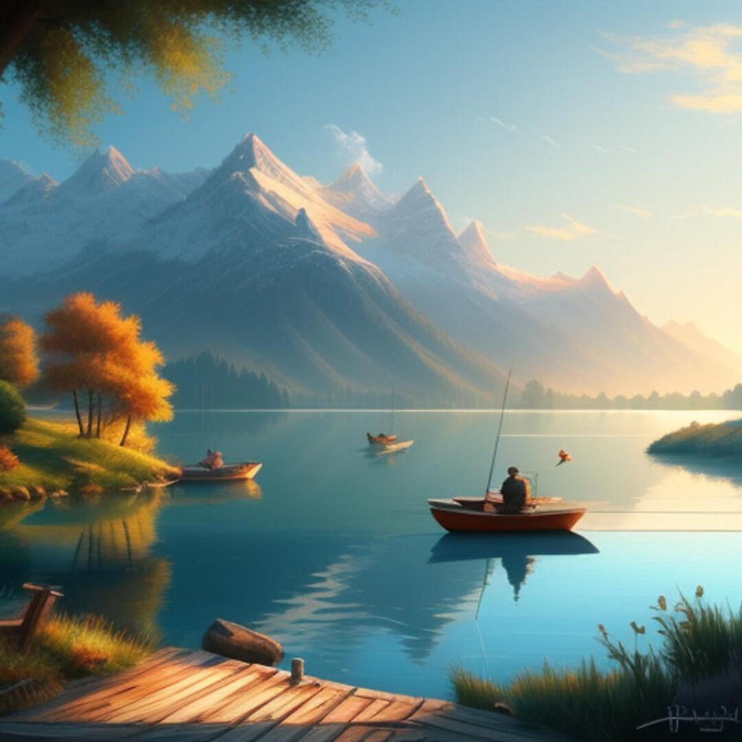 Fishing Painting, Fisherman and Boat, Nature Green - Etsy
