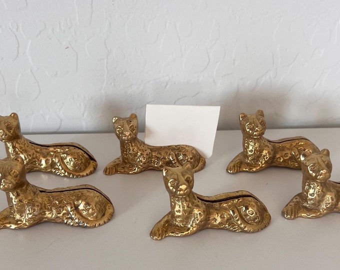 6 Vintage Solid Brass Leopard Place Card Holders, Cheetah Cats Gold ...