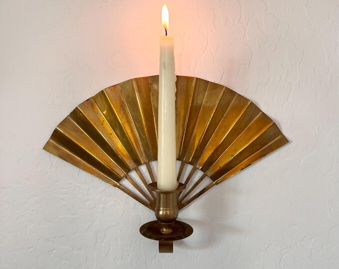 Vintage MCM Solid Brass Wall Hanging Candle Sconce Fan Shape Single ...
