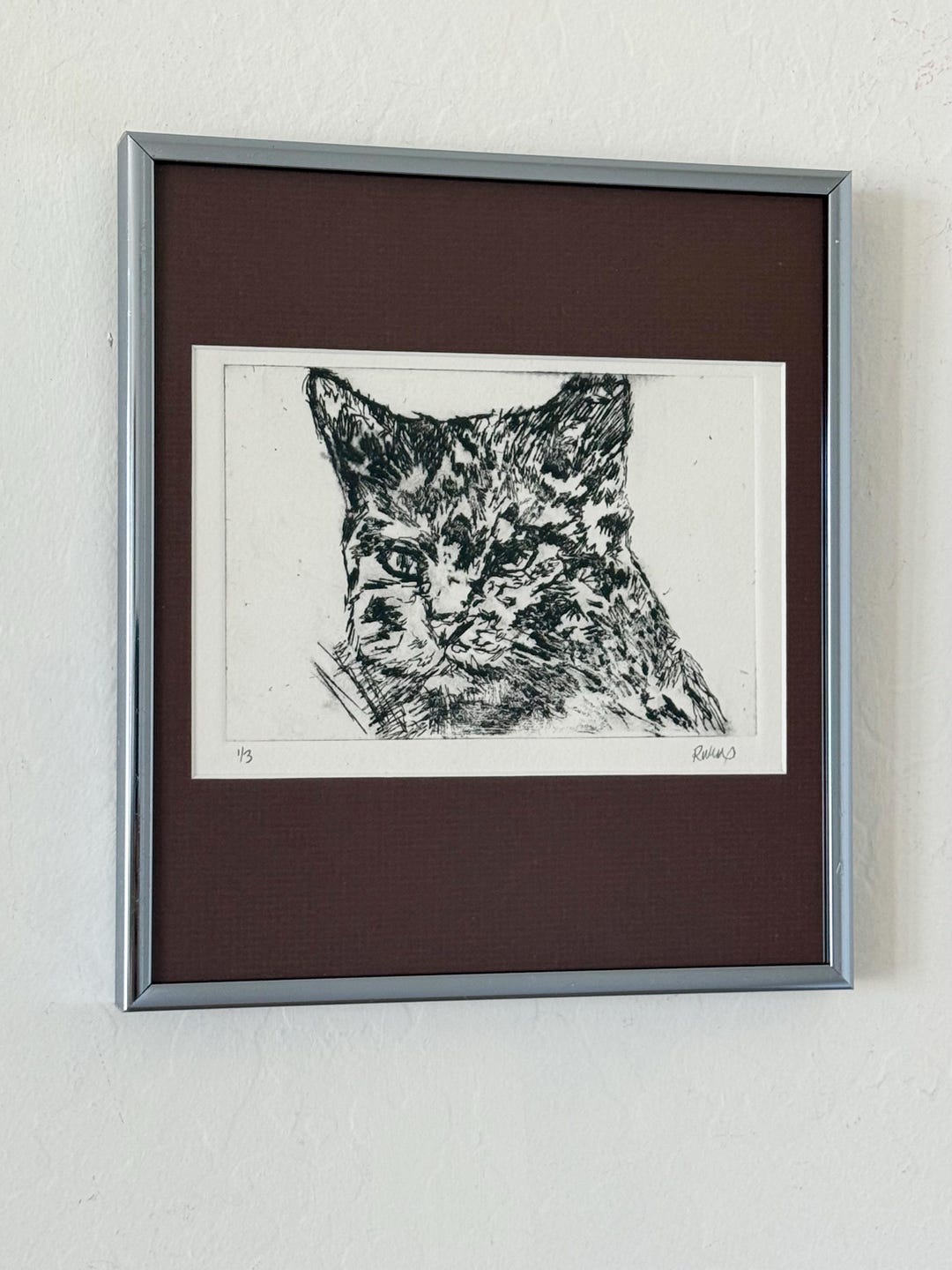 Original Cat Etching Signed Intaglio Dry Point Framed Art Cat Face ...