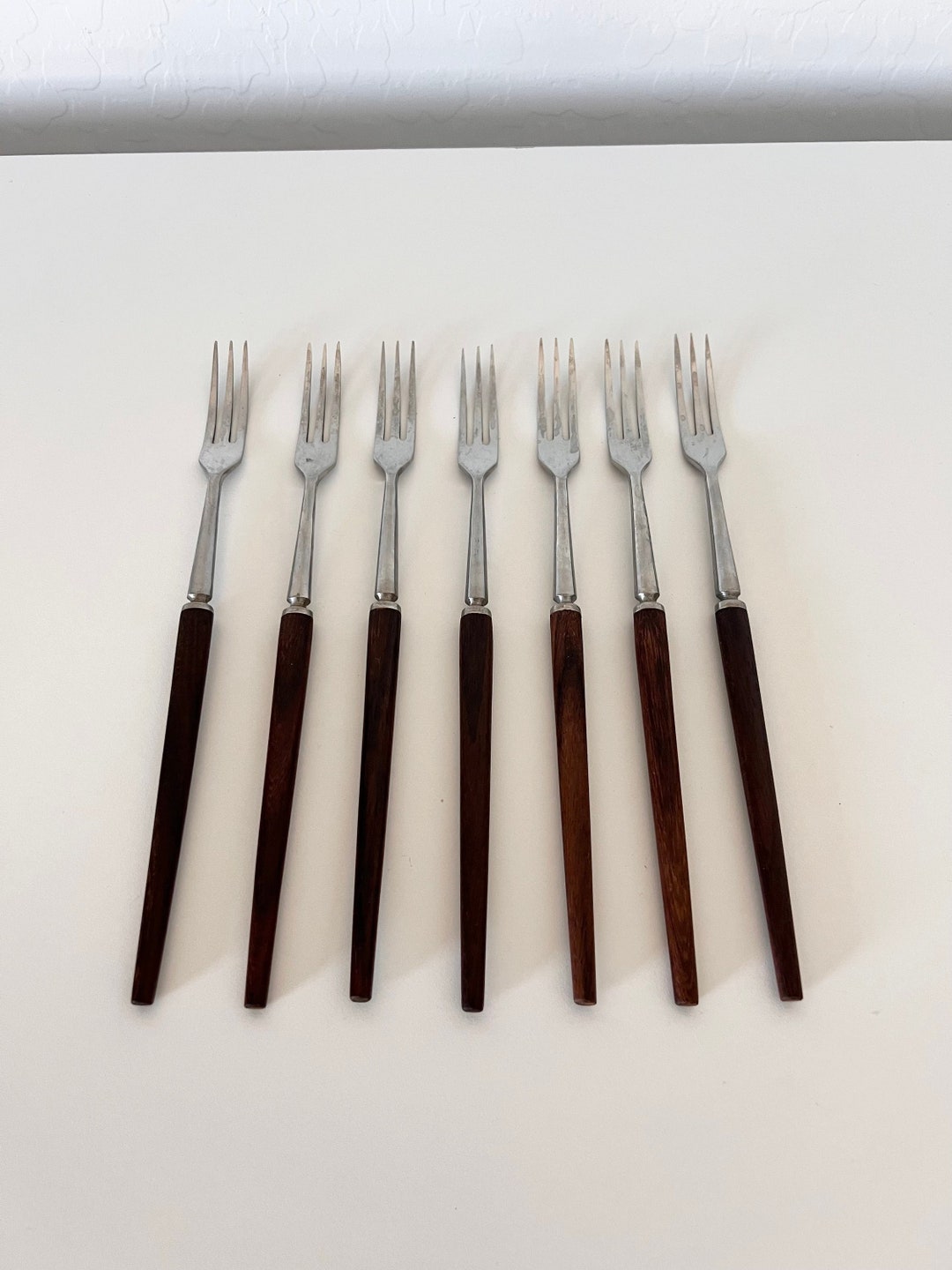 7 Vintage Japanese Teak Wood 10 Long Forks Stainless Steel Tall Handle ...