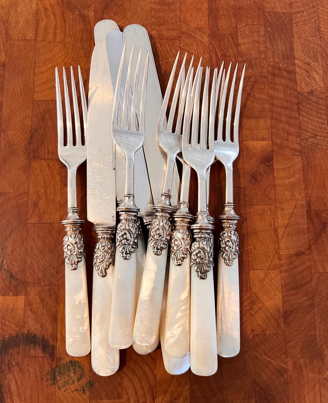 Vintage 11pc Landers Forks Knives Flatware Sterling Mother of Pearl ...