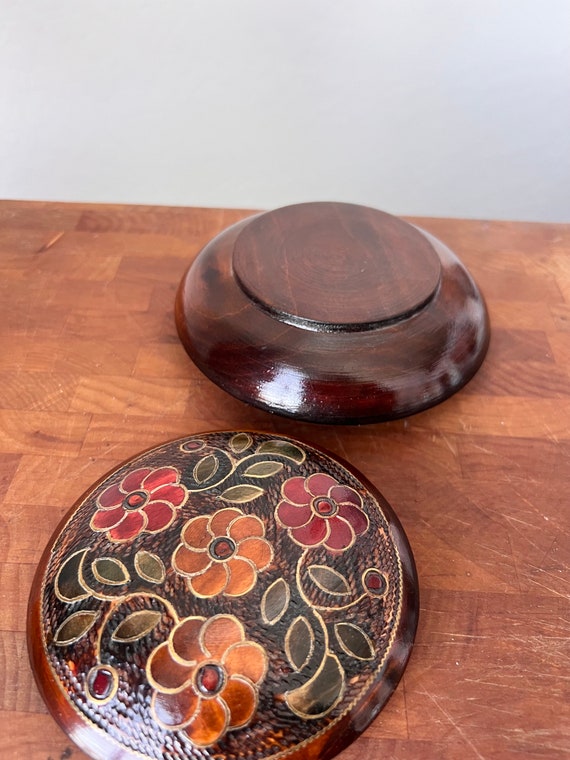 Vintage Inlay Handpainted Wood Box, Handmade Round Br… - Gem