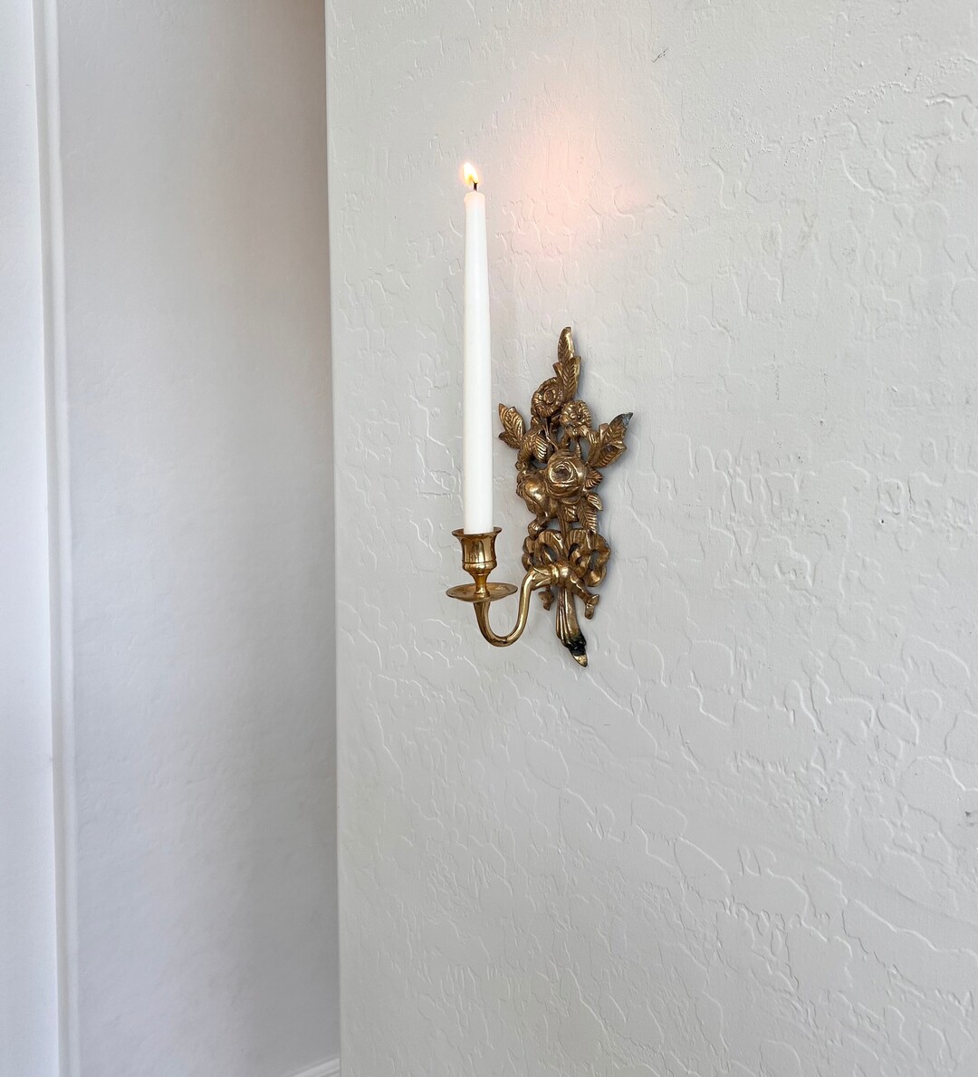 Antique Solid Brass, Roses and Bow Single Candle Wall Hanging Sconce ...