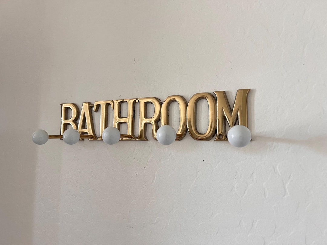 Vintage Brass BATHROOM Letter Wall Hanging Towel or Robe 5 Hooks ...