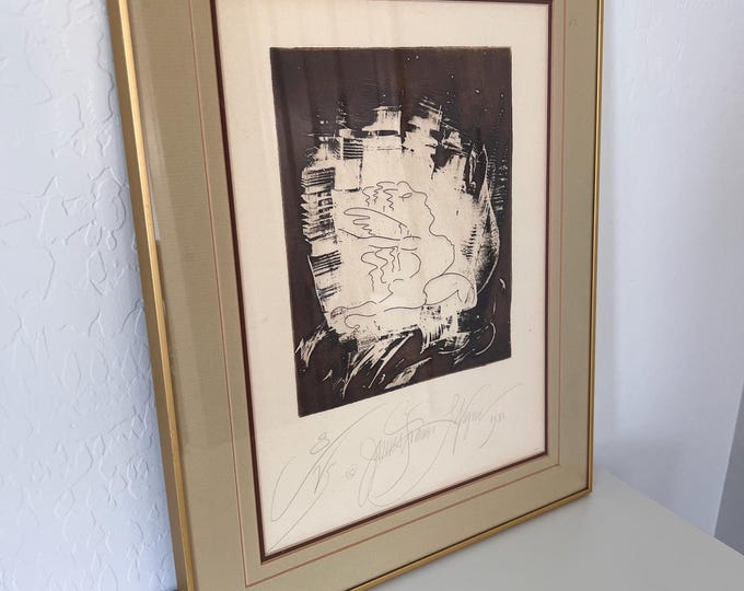 Vintage Original Abstract Etching in Gold Modern Metal Frame Signed and ...