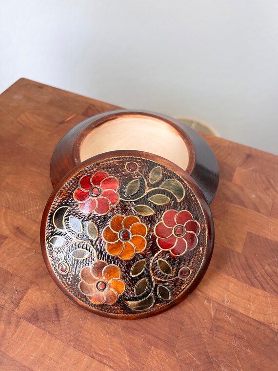 Vintage Inlay Handpainted Wood Box, Handmade Round Br… - Gem