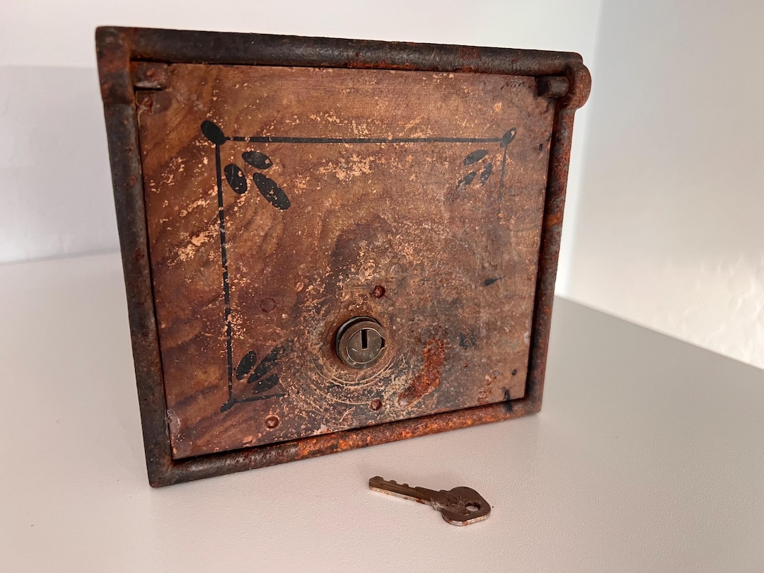Antique Metal Lock Key Box Folk Art Painting Details, Old Built in ...